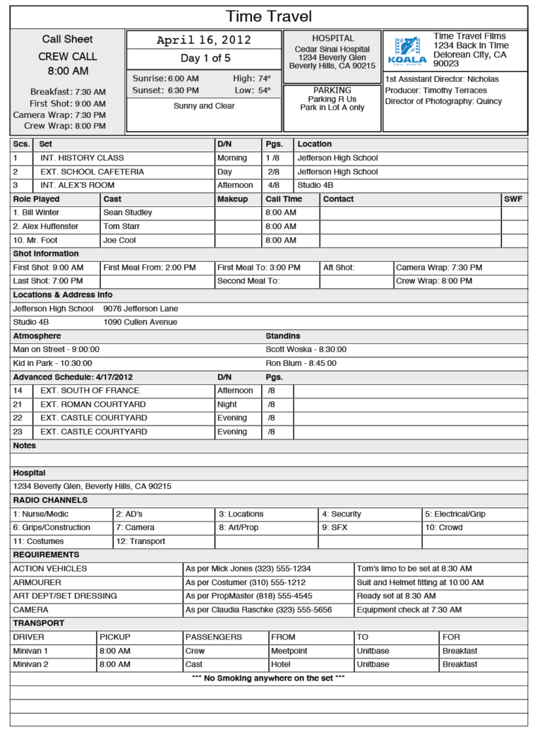 Free Call Sheet Template - Jungle Software